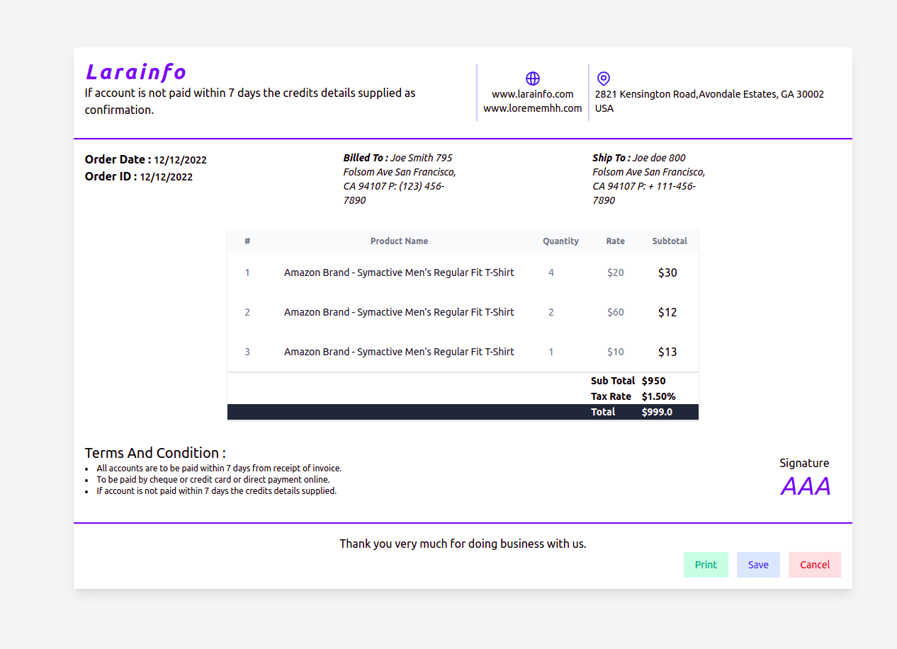 Tailwind CSS Invoice Template Example
